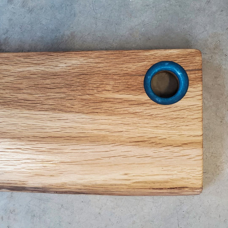 French Oak live edge Serving Board w/ Blue Epoxy Handle | Todd Alan Woodcraft
